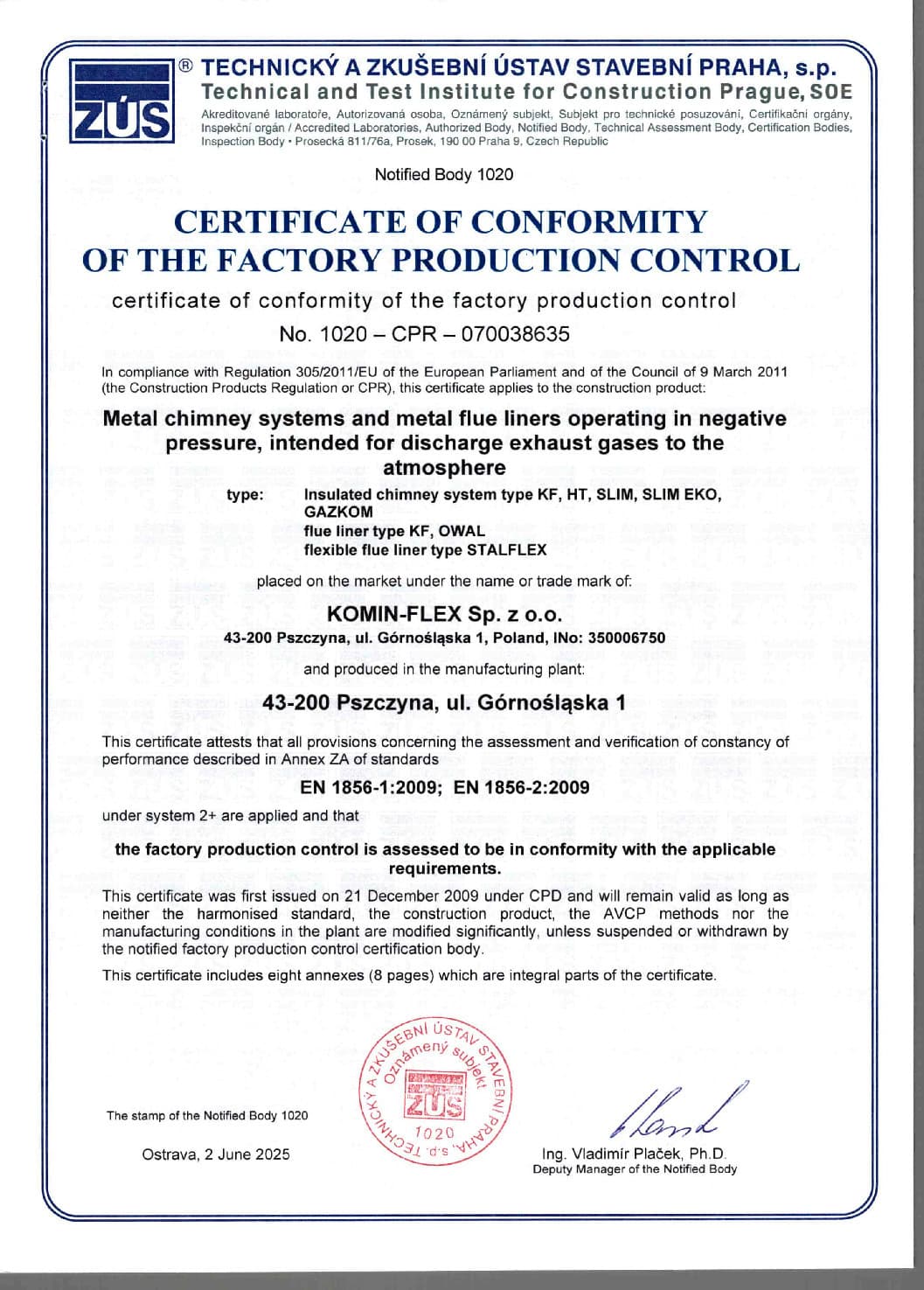 Certificate of conformity of the factory production control No. 1020 ...
